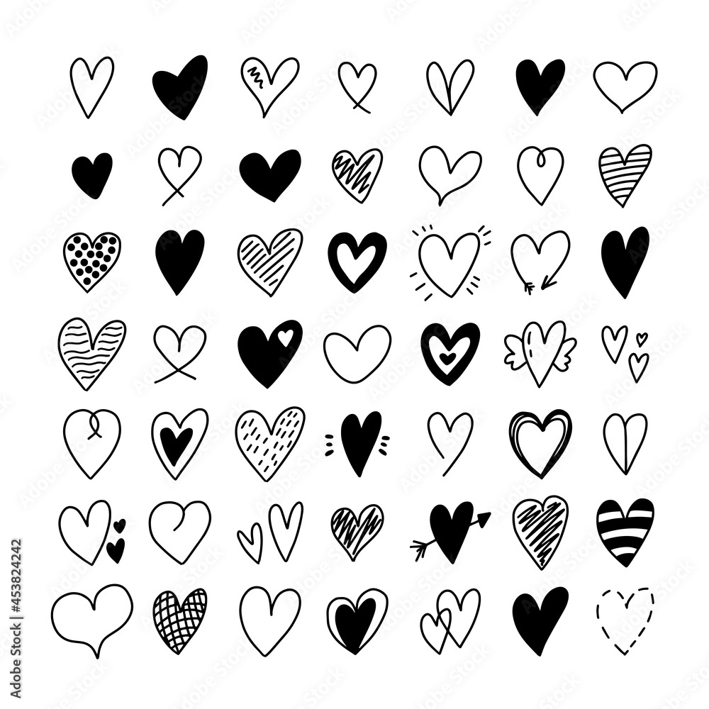 Big Set Of Different Hand Drawn Heart Doodles Collection Of Romantic
