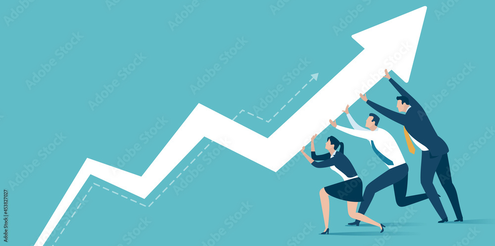 Cooperation Concept - Growth. Increase profit. The business team raises ...