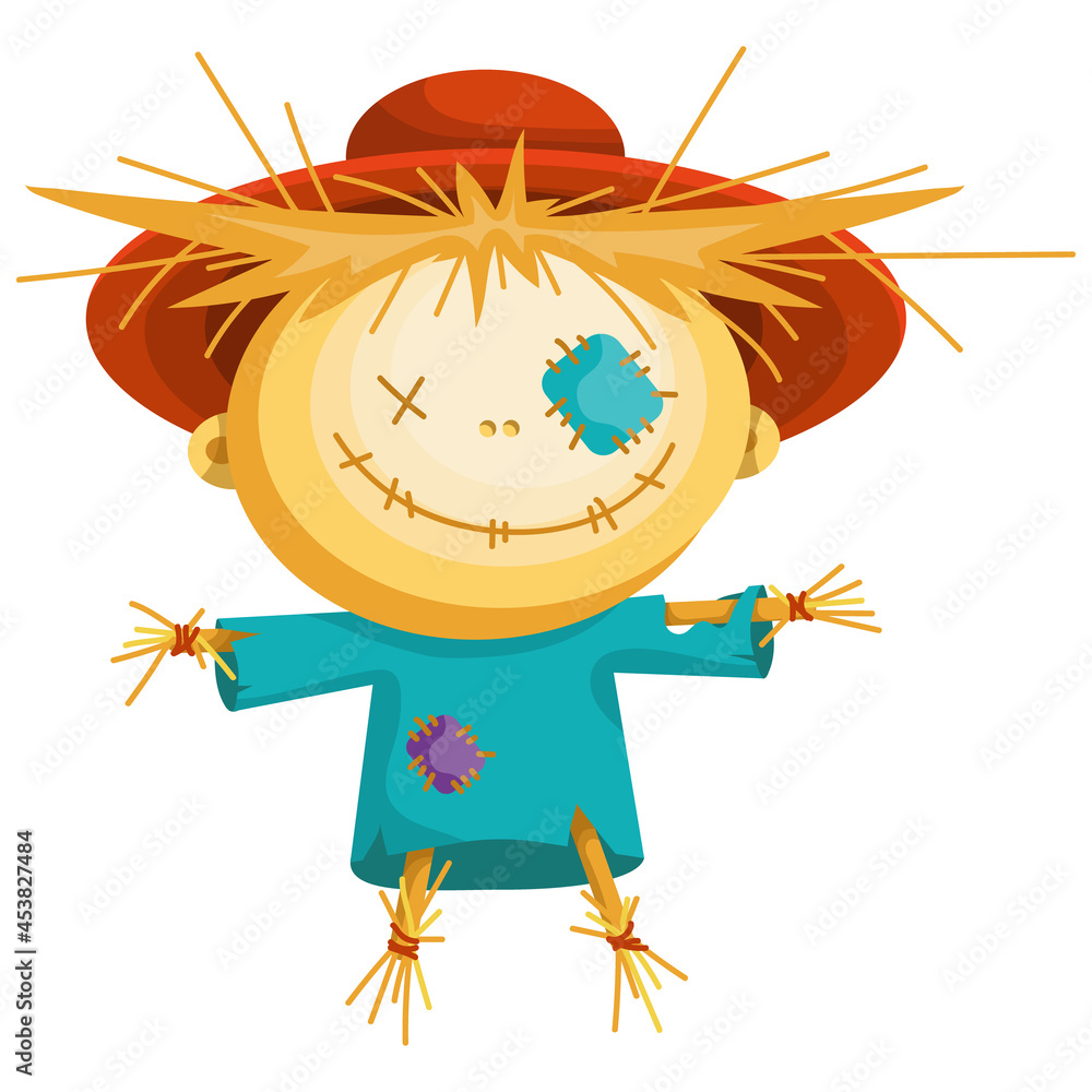 Cute character dressed as a garden scarecrow, stuffed animals in a ...