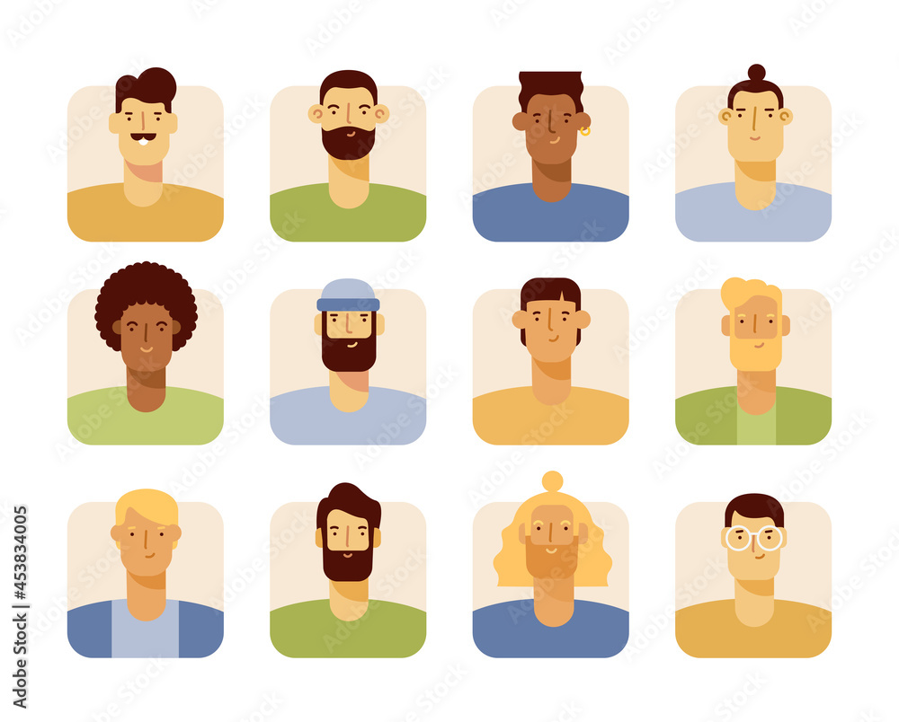 Set of male avatars. Cartoon icons with faces. Multinational young men ...