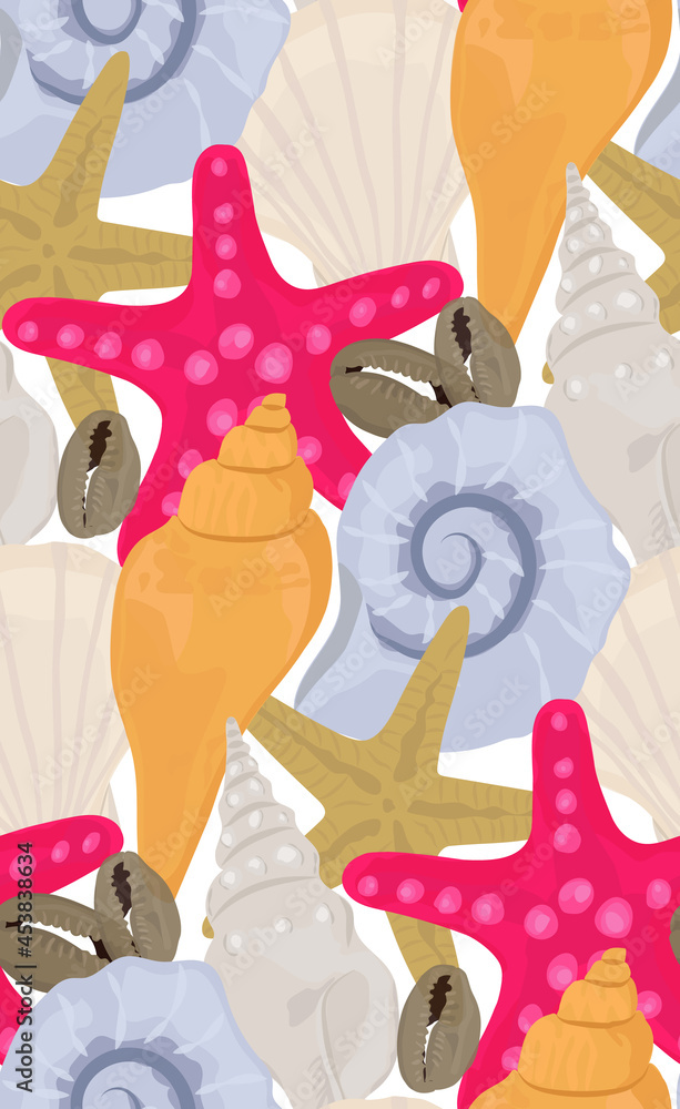 Seamless pattern of colorful hand drawn seashells and stars in cartoon ...