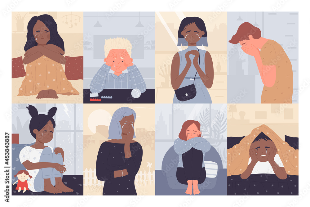 Sad persons, lonely people cry set vector illustration. Cartoon upset ...