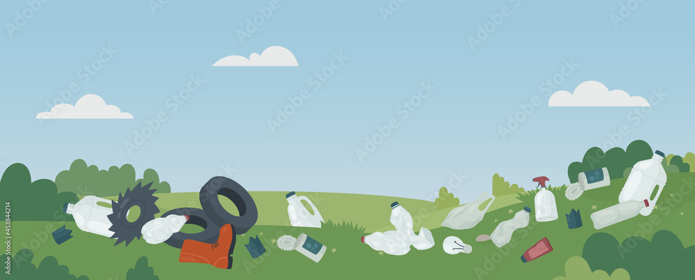 Dump garbage trash on green grass meadow vector illustration. Cartoon ...