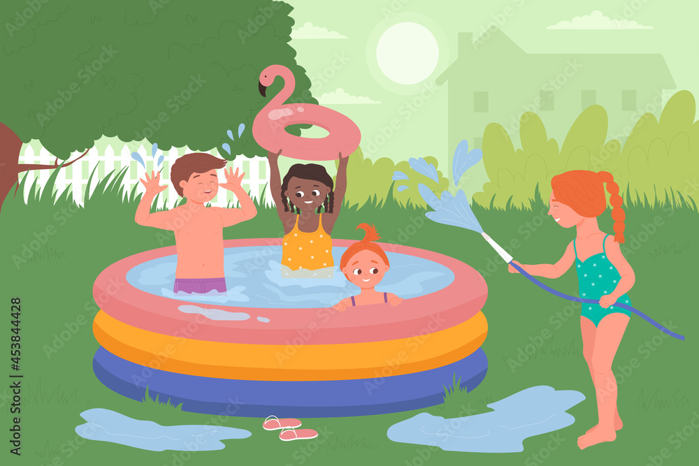 Kids play together in backyard pool vector illustration. Cartoon happy ...