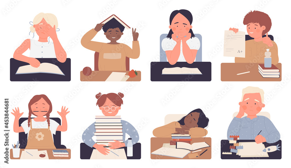 Kids pupils of primary school study vector illustration set isolated ...