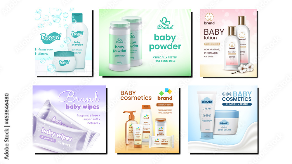 Baby Cosmetics Promotional Posters Set Vector. Shampoo And Gel, Lotion ...