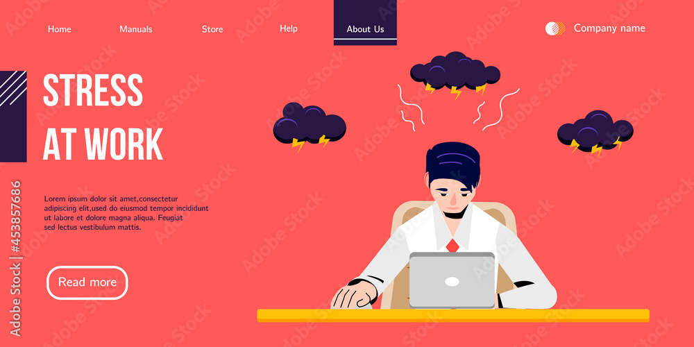 Stressed Office Worker sitting Behind the Desk and uses Laptop. Vector ...