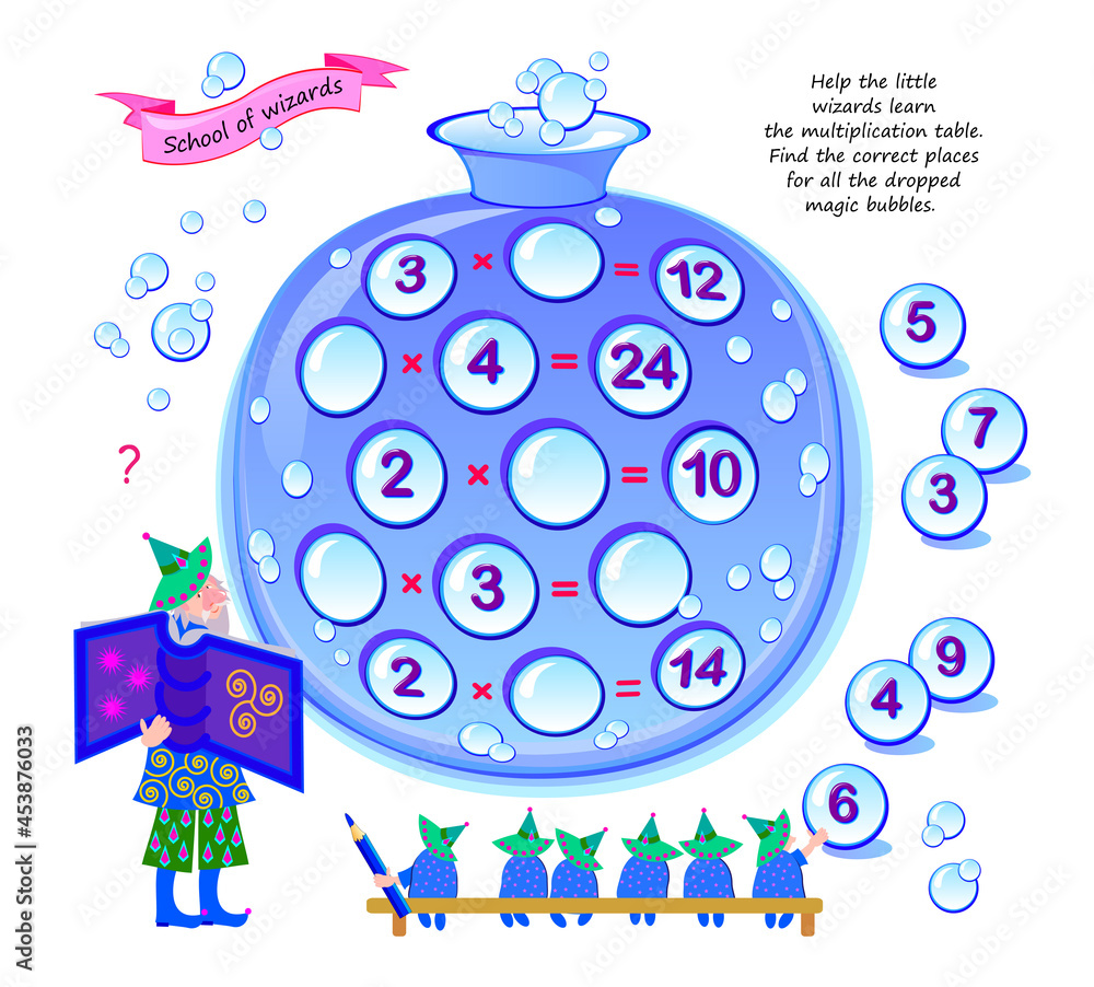 Help the little wizards learn multiplication table. Find correct places ...