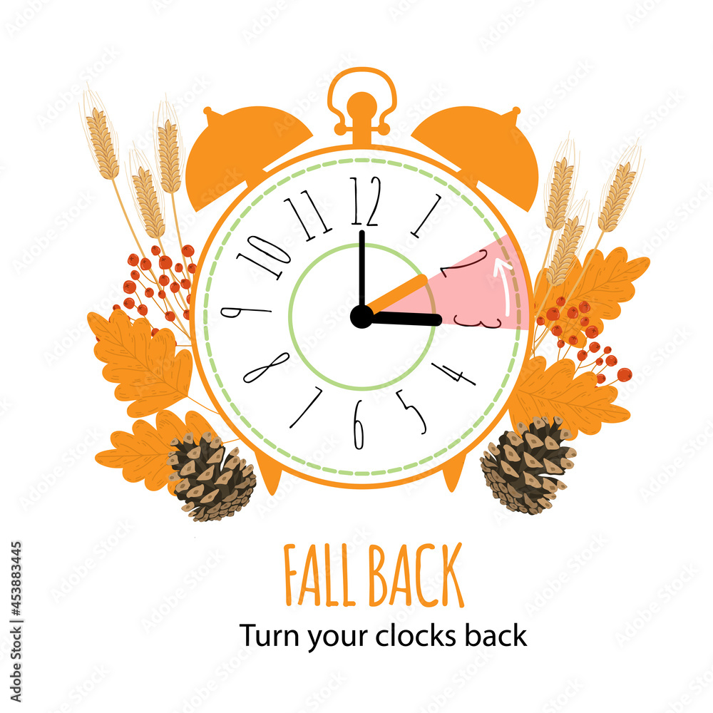Vetor de Fall Back concept with graphic alarm and schedule to set the ...