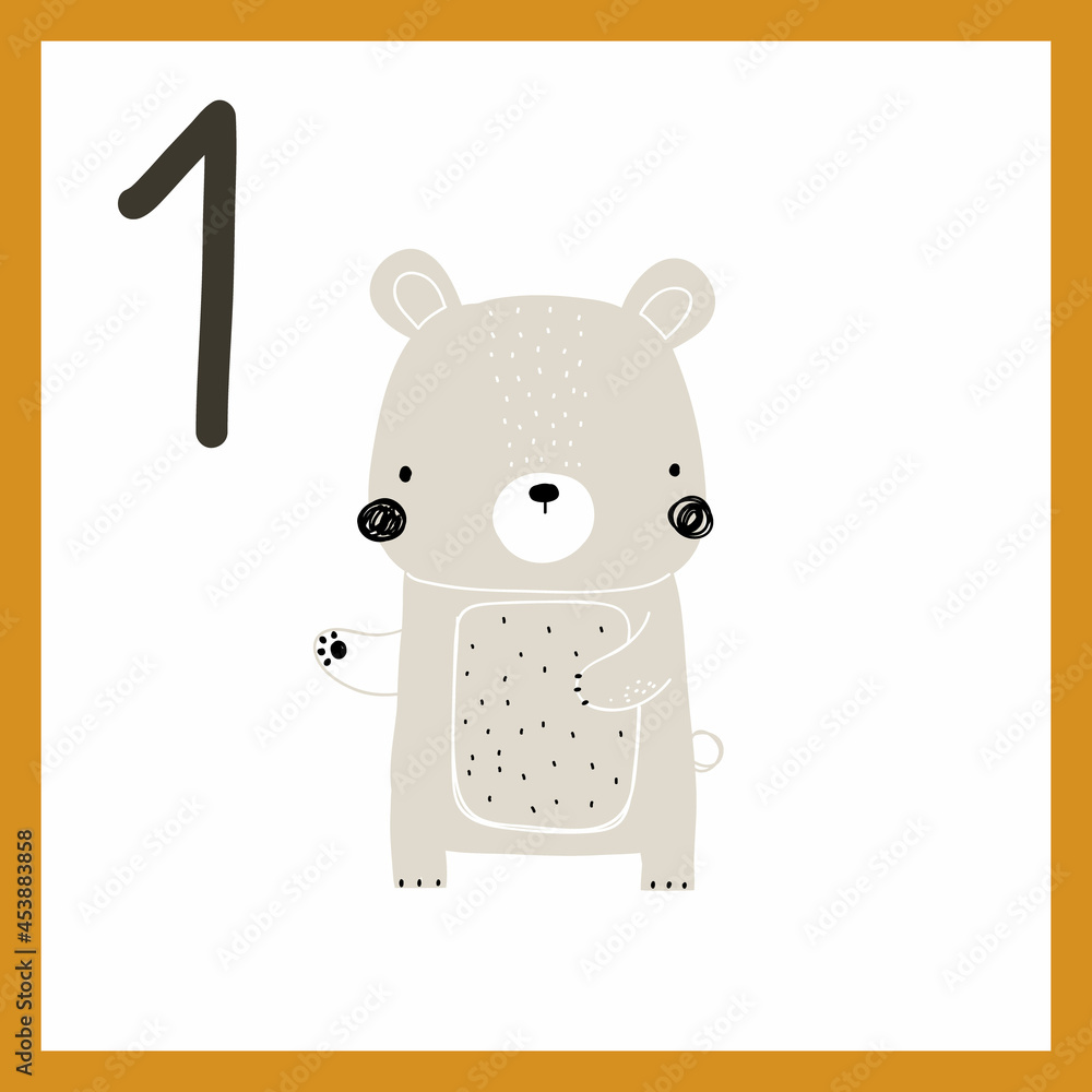 Number one. Cute hand drawn teddy bear. Vector card for kids with ...