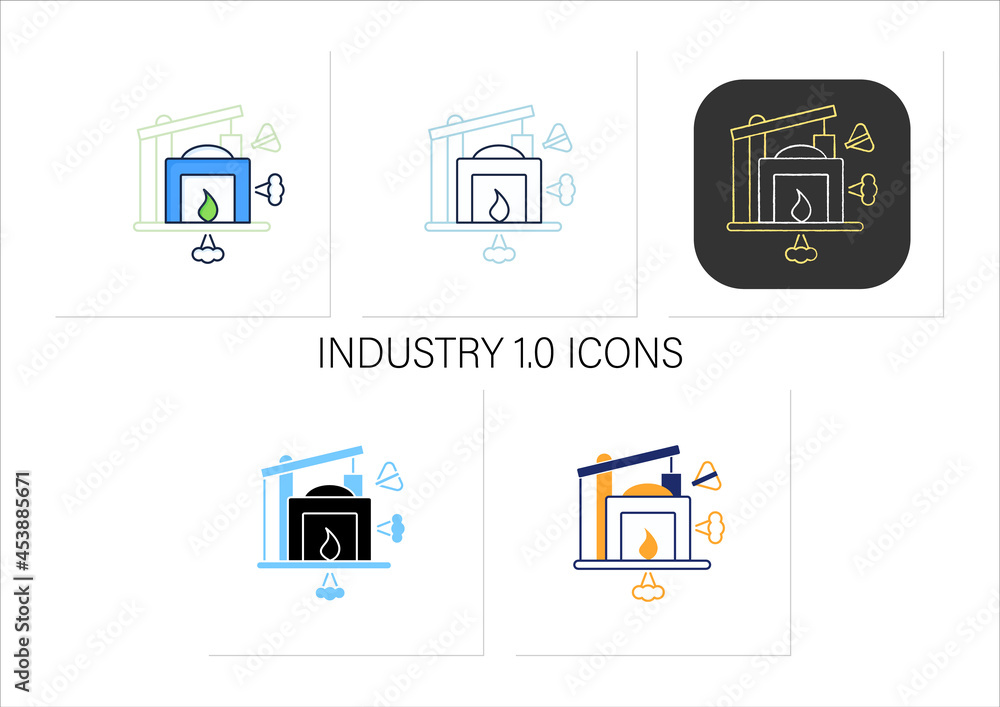 Industry 1.0 icons set. Mechanization, water power. Steam power ...