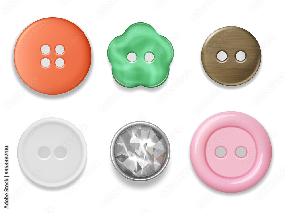 Clothes buttons. Fabric textile sewing items buttons with thread decent ...