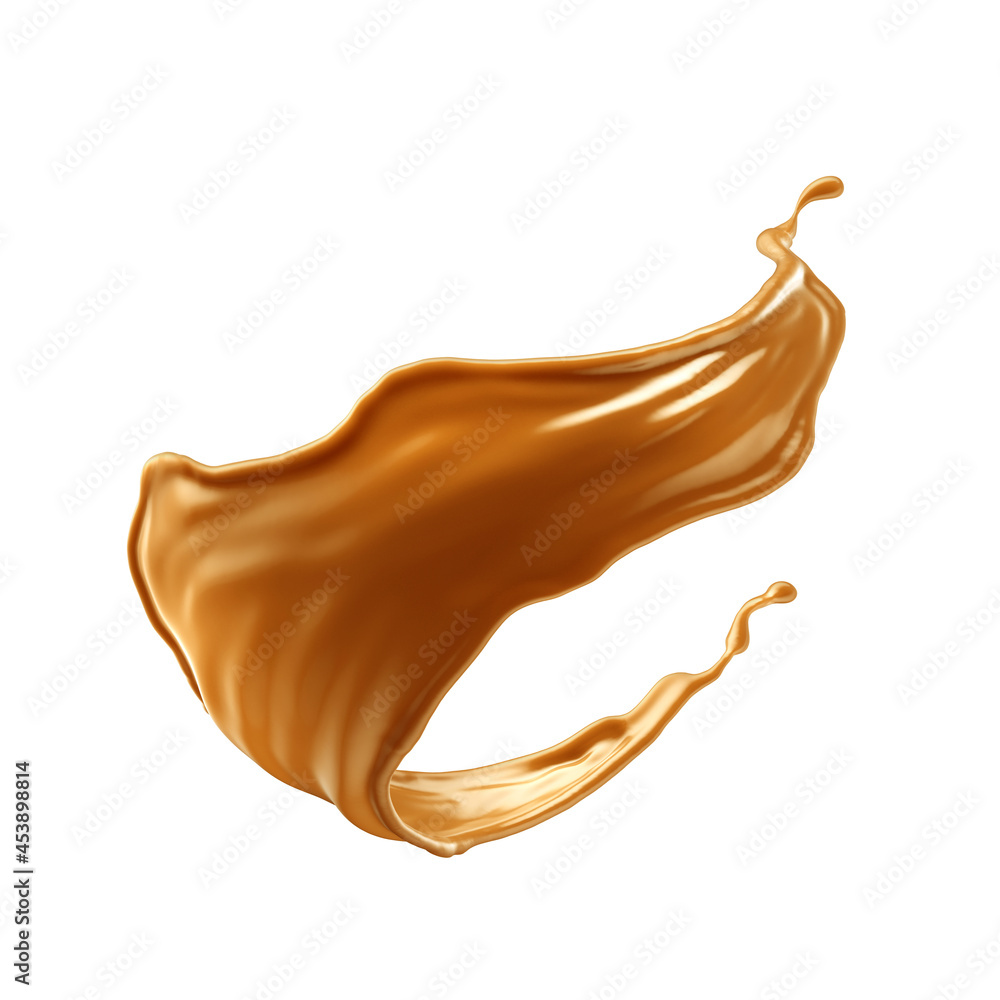 3d render, abstract shape of liquid caramel splash, toffee or nougat ...