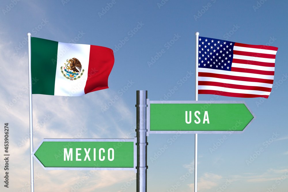 Sign indicating the direction of the borders between two countries ...