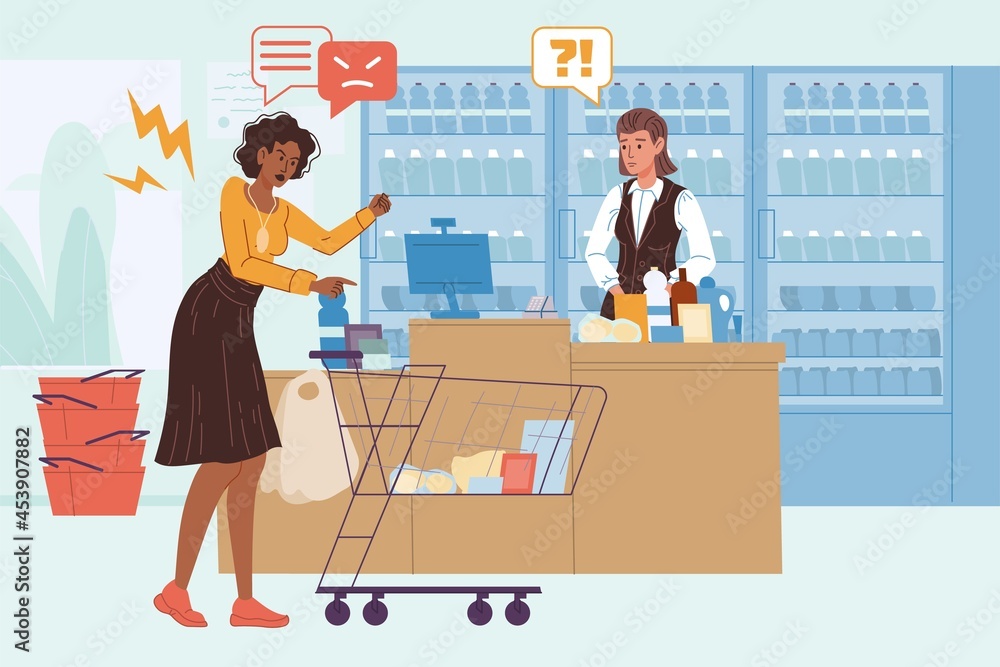 Vetor de Vector cartoon flat seller and angry customer characters ...