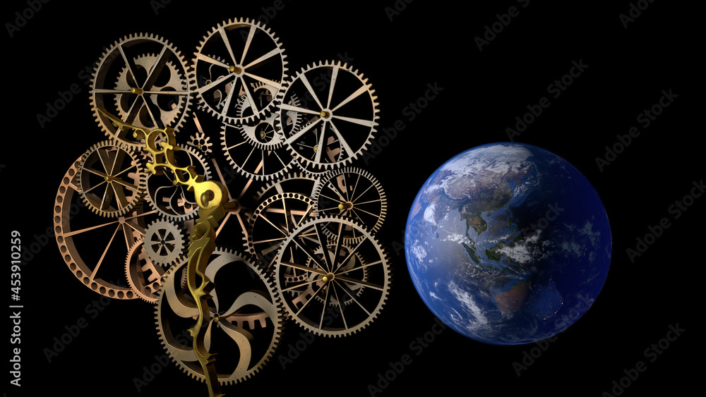 Time and life. Planet Earth and clockwork. 3D rendering Stock ...