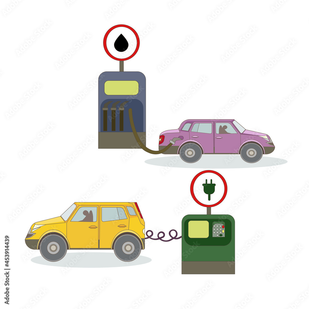 Electro-car and fuel car on white isolated background, car charging and ...