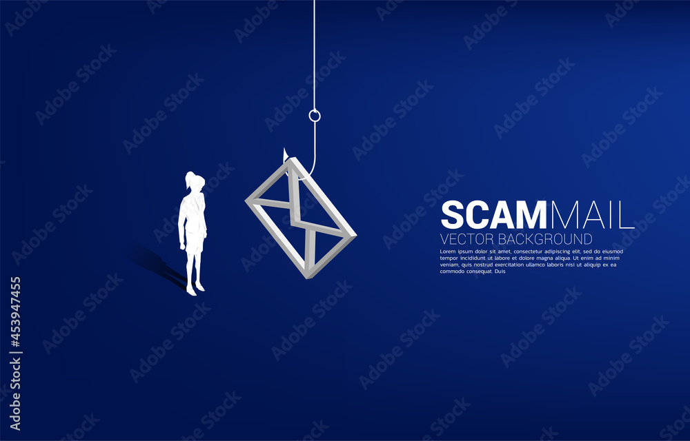Silhouette of businesswoman standing with fishing hook with email icon ...