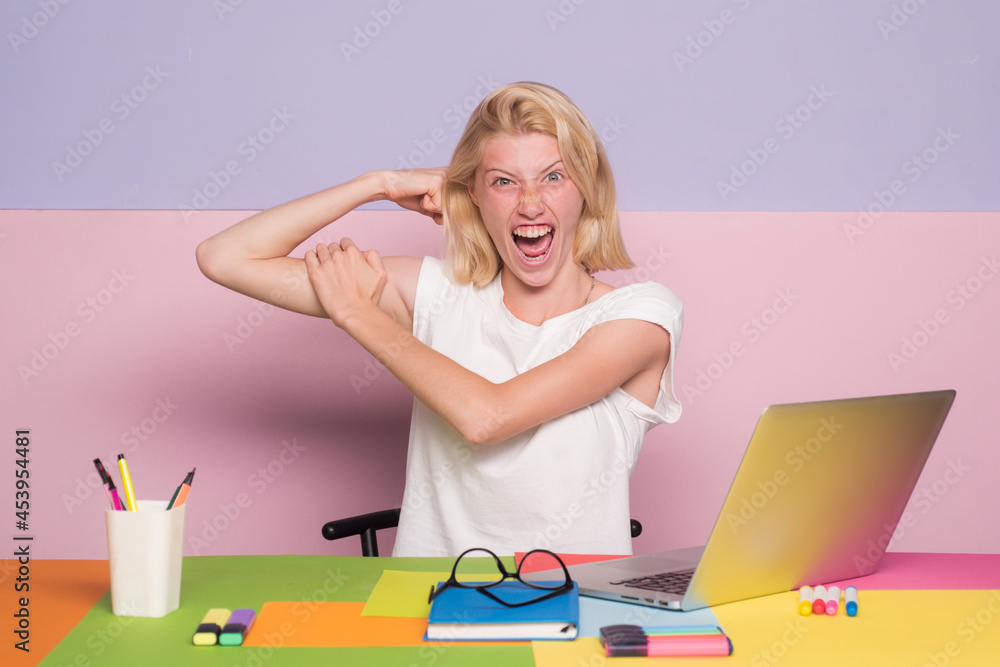 Amazed crazy teacher shows muscles, woman power. Woman teaching in ...