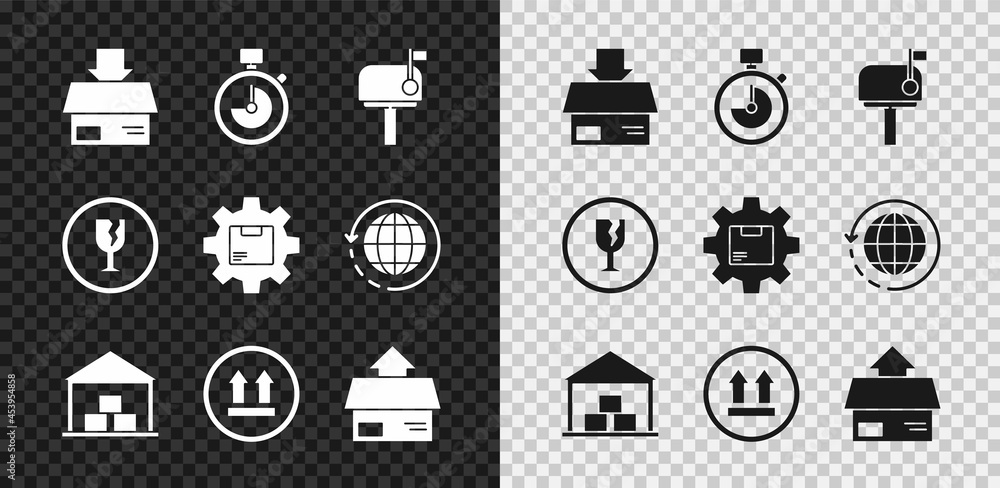 Set Carton cardboard box, Stopwatch, Mail, Warehouse, This side up, Fragile broken glass and ...