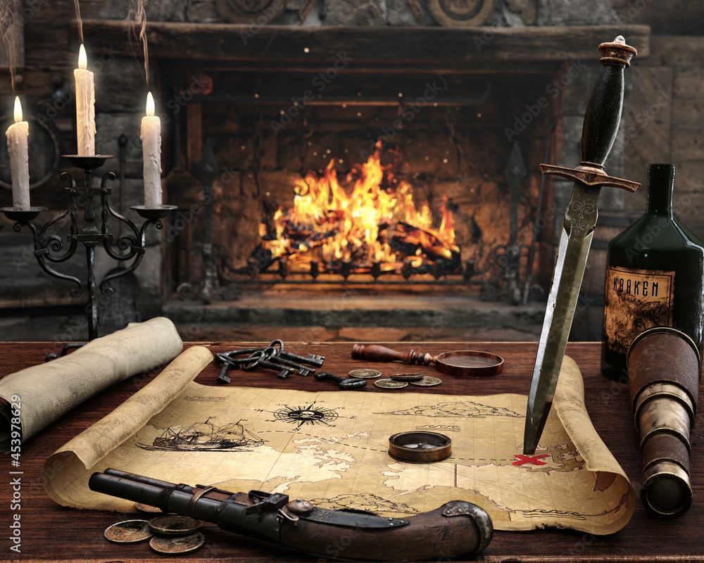 Quest for treasure. Background of a pirate captains quarters with a ...