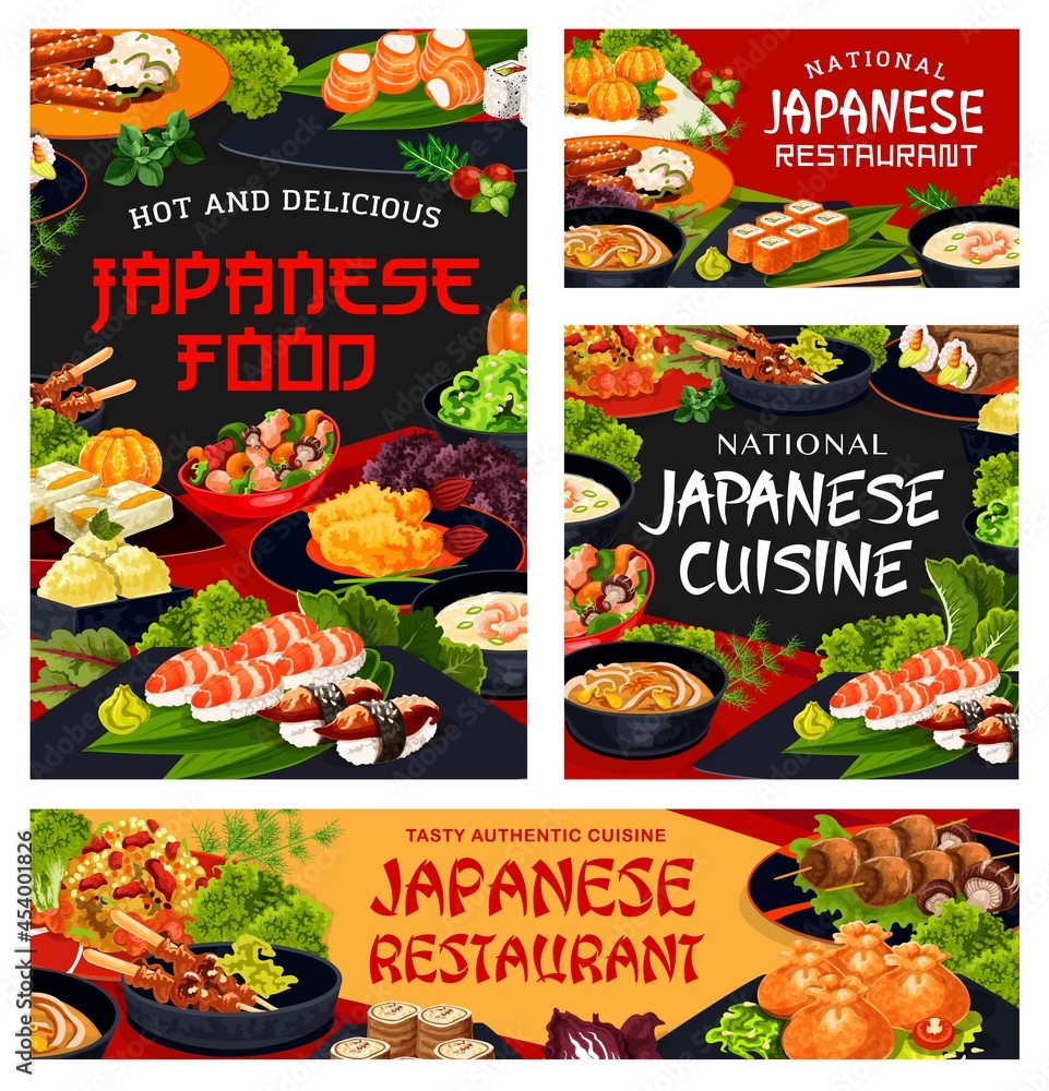 Japanese cuisine restaurant dishes posters and banners. Kenko yaki ...
