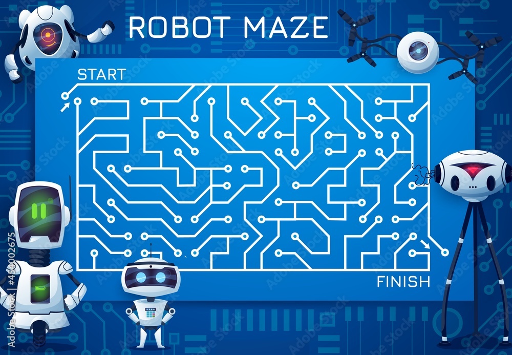 Labyrinth maze game with motherboard and robots. Cartoon kids vector ...