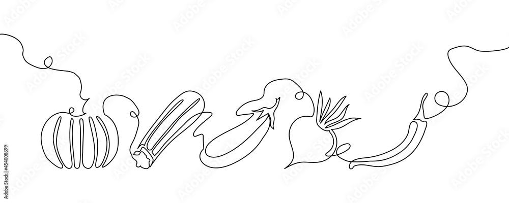 Vegetables one line set. Continuous line drawing of pumpkin, zucchini ...
