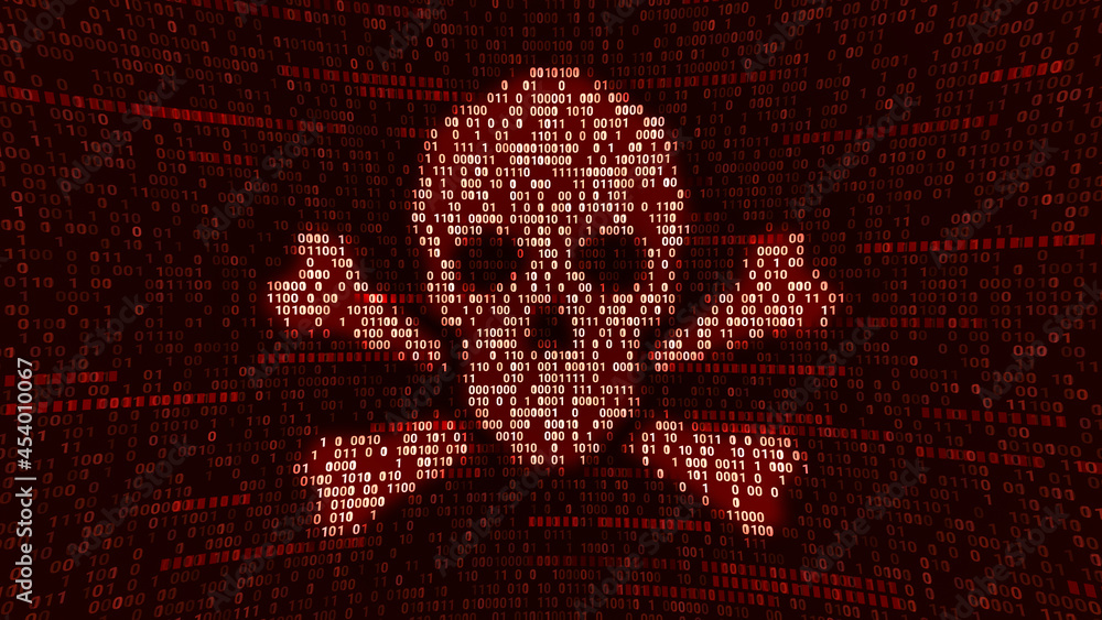 Computer server got attacked with malware by hacker, binary death skull symbol alert screen in ...