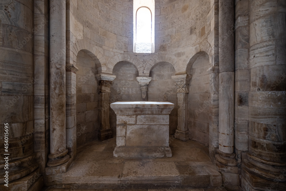 Symmetrical view of a circular niche in a Roman church containing a ...