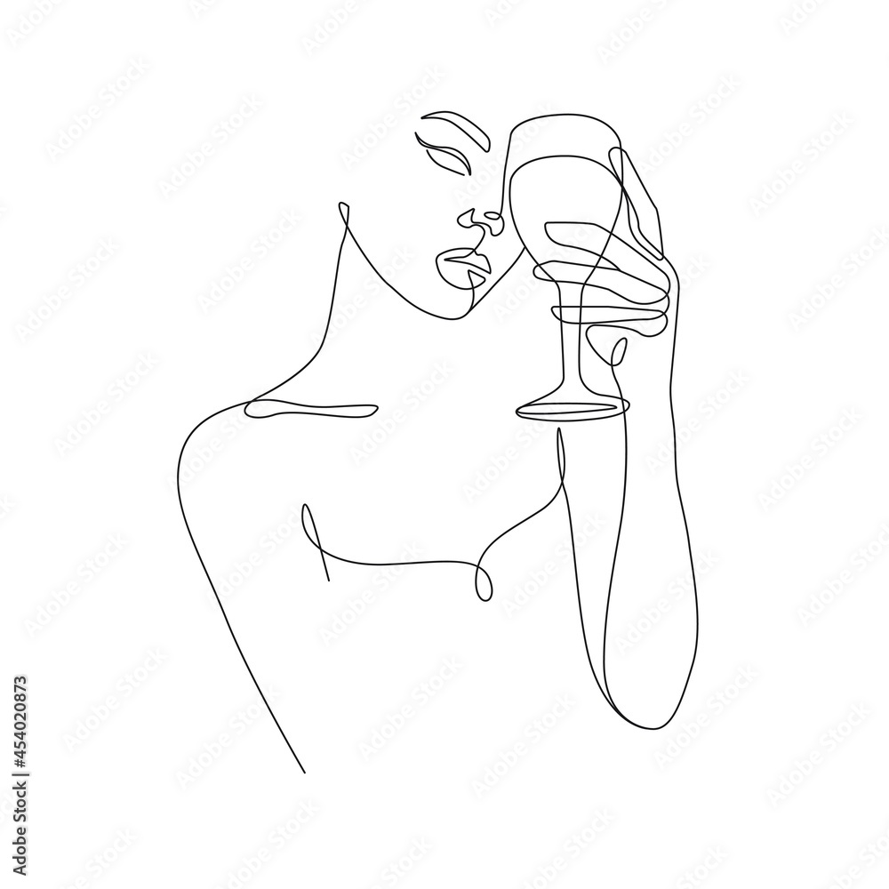 Woman Drinks Wine Line Art Drawing. Girl Drinks Champagne Abstract ...