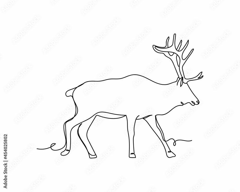 Continuous one line drawing of reindeer icon in silhouette on a white ...