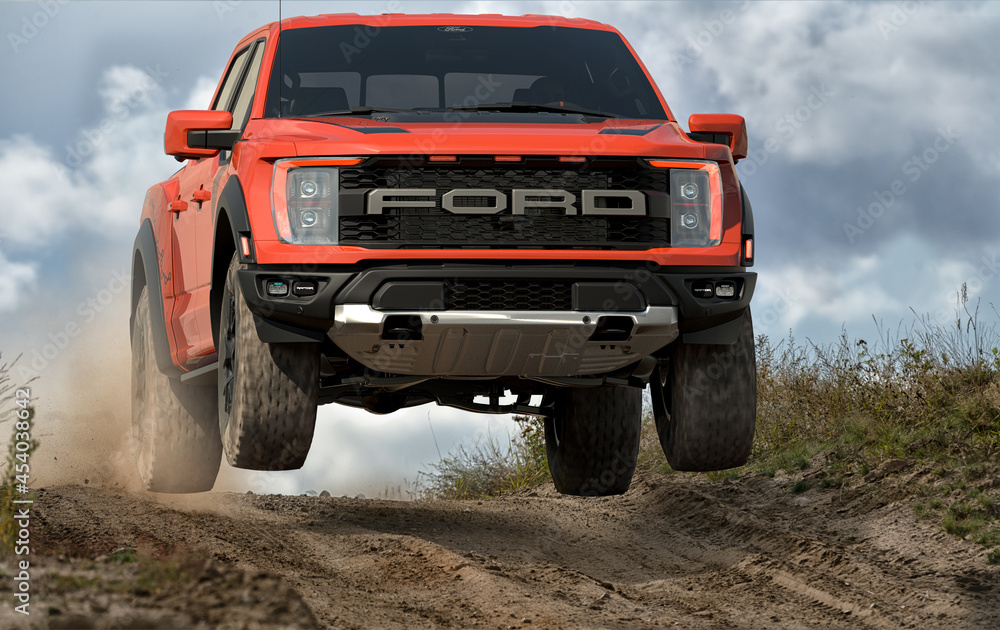 New Ford F-150 Raptor during fast driving in extreme wilderness Stock ...
