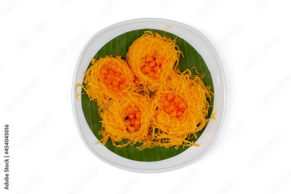 Top view of Thai dessert Golden Egg yolk threads (Foi Thong) and Golden ...