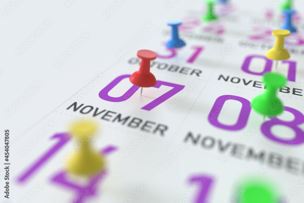 November 7 date and push pin on a calendar, 3D rendering Stock ...