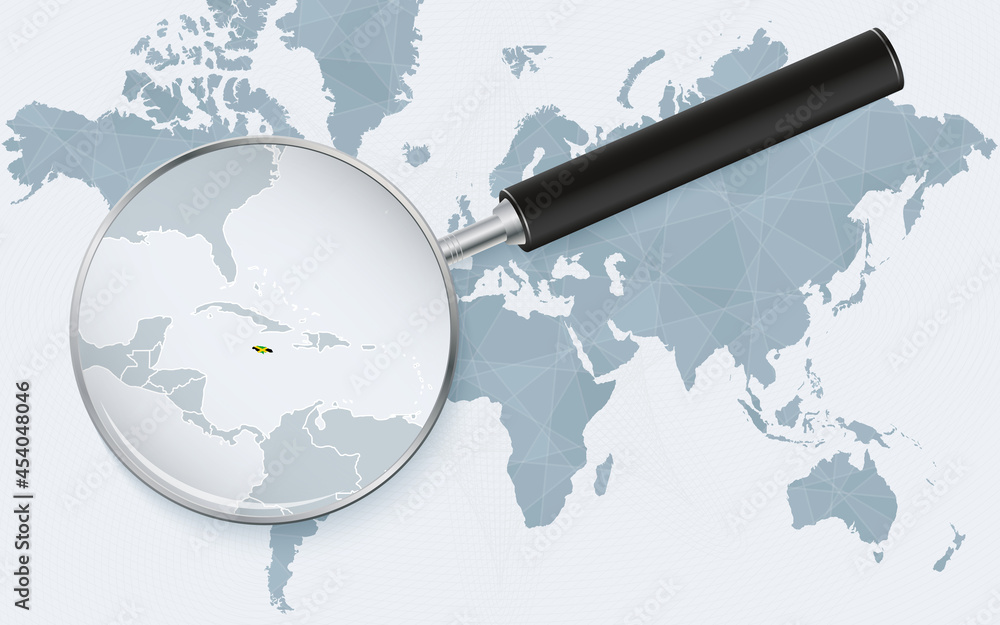 World map with a magnifying glass pointing at Jamaica. Map of Jamaica ...