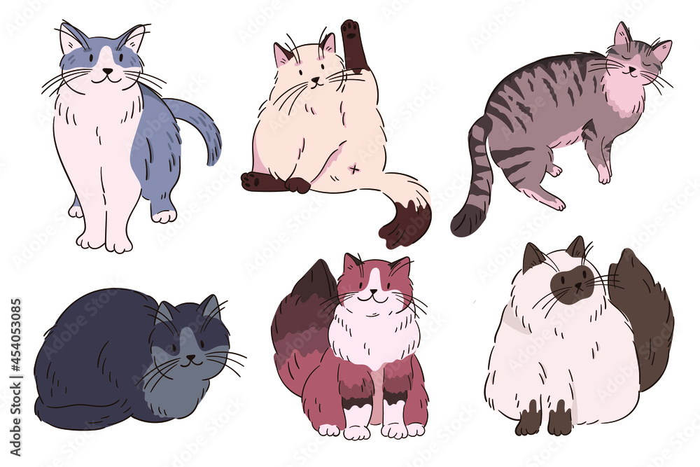 Coloured cats collection. Cartoon fluffy kitties. Kittens vector ...