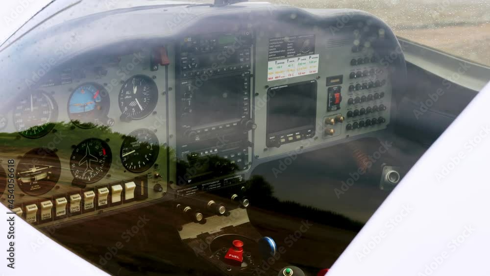 Screw aircraft. control wheel instrumental panel. close-up. Retro plane ...