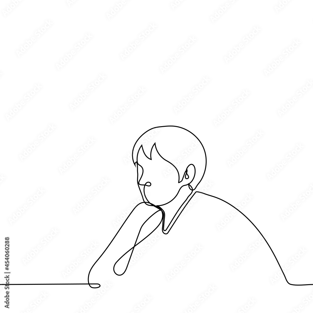 pensive man sitting - one line drawing. portrait of a man propping his ...