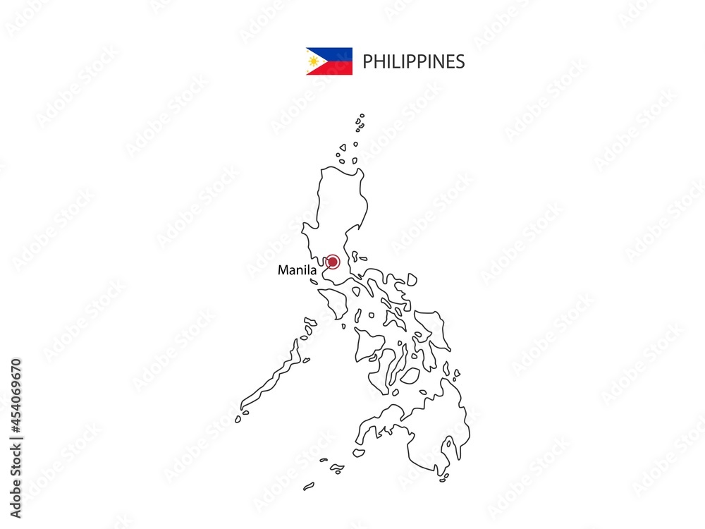 Hand draw thin black line vector of Philippines Map with capital city ...