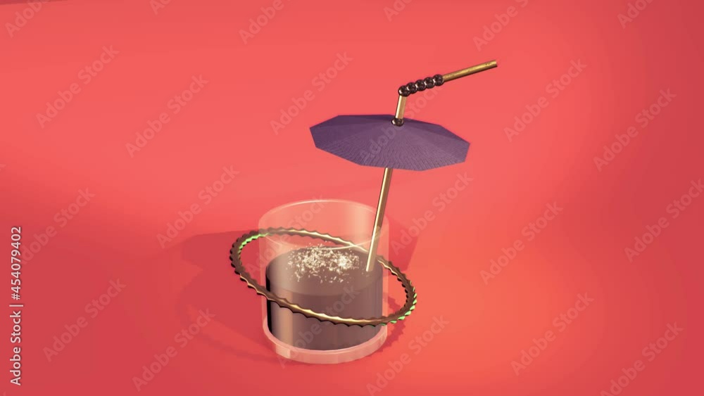 3d drink motion design. 4k video of glass cocktail with tube and ...