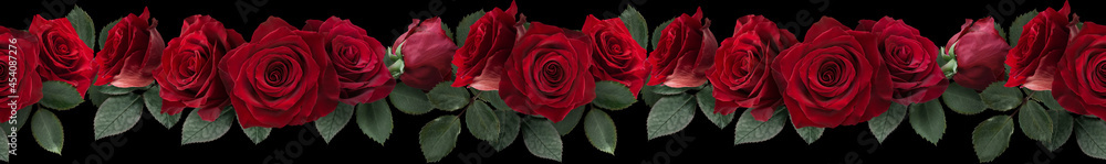 Seamless border with flowers. Red roses isolated on black background ...