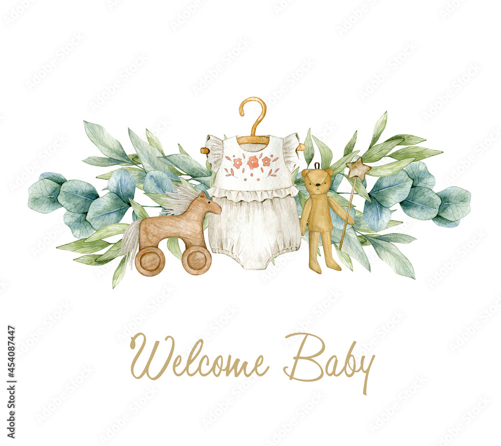 Watercolor illustration card welcome baby with eucalyptus, baby romper ...