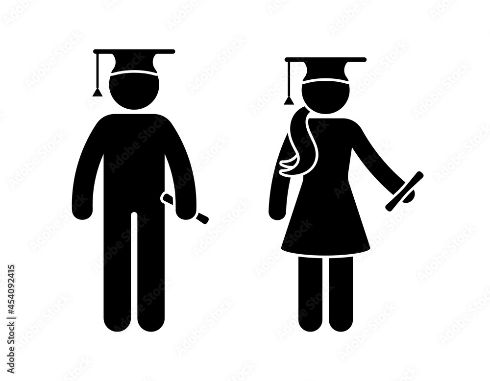 Stick figure graduate teenage boy and girl vector icon illustration set ...