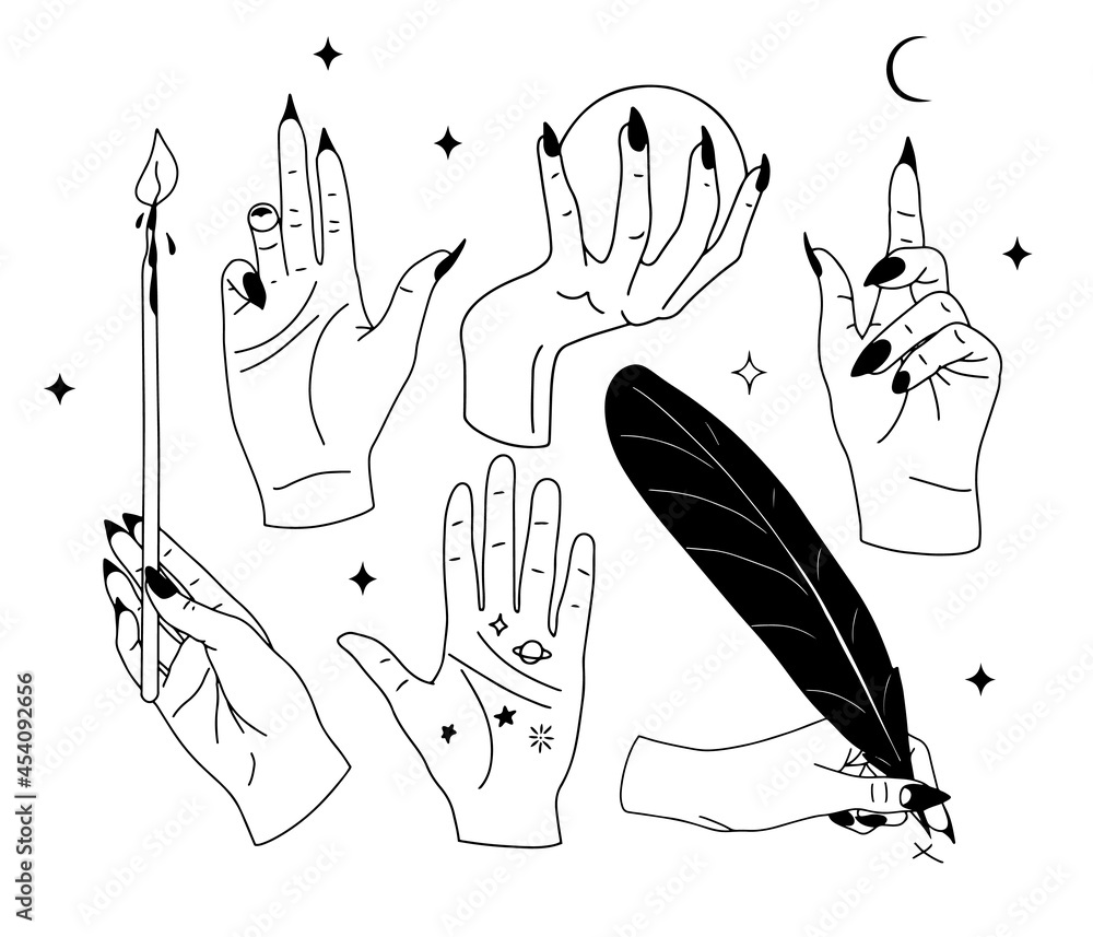 Set of linear mystical icons of female hands doing magic, hand gestures ...