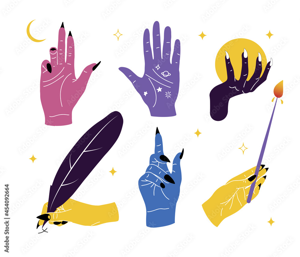 Set of mystical icons of female hands doing magic, hand gestures with ...