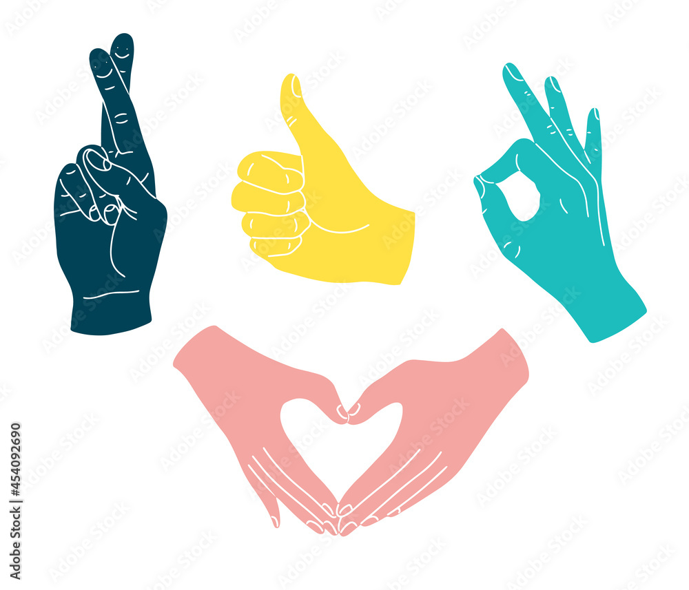 Set of hand signs ok, fingers crossed, love and thumbs up. Hand ...