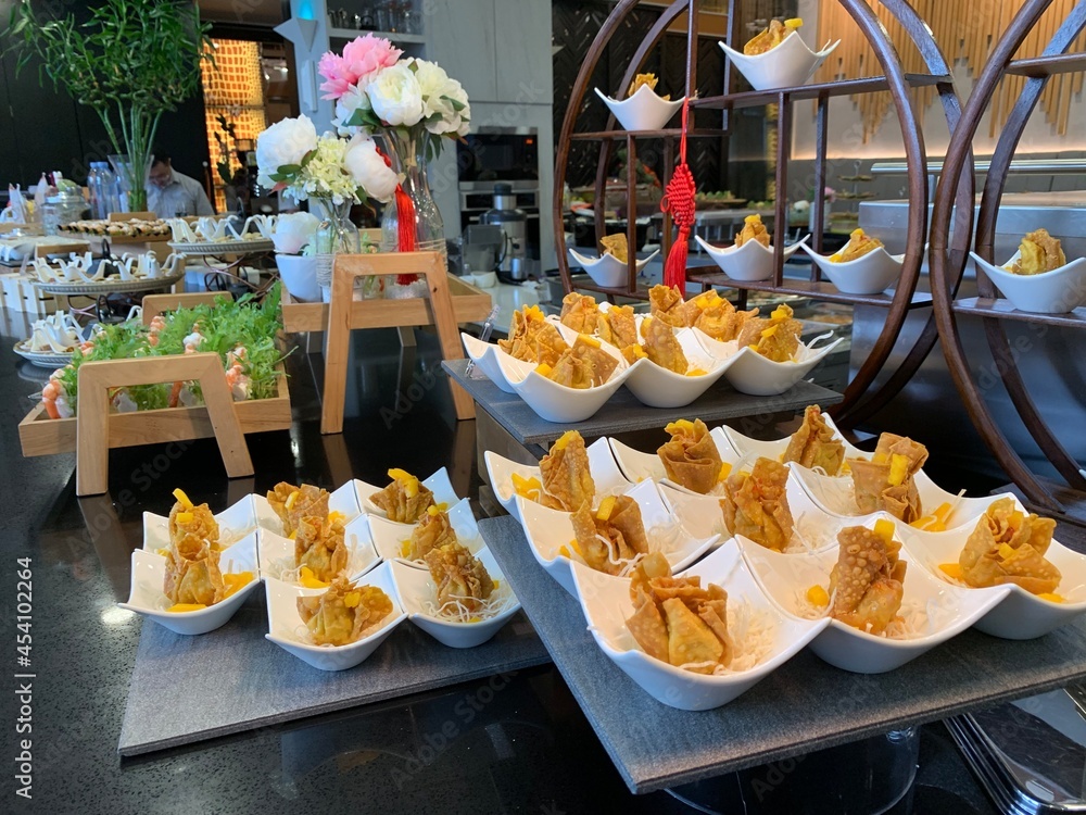 luxury buffet party dining catering with decoration in asian fusion ...