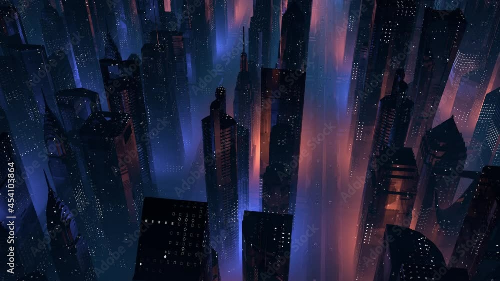 Drone view of a futuristic city at night. 3D animation of a future ...