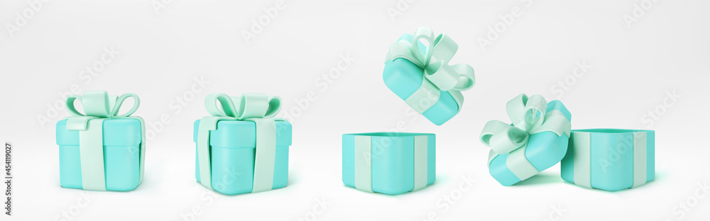 3d turquoise gift boxes open and closed standing on the floor with blue ...